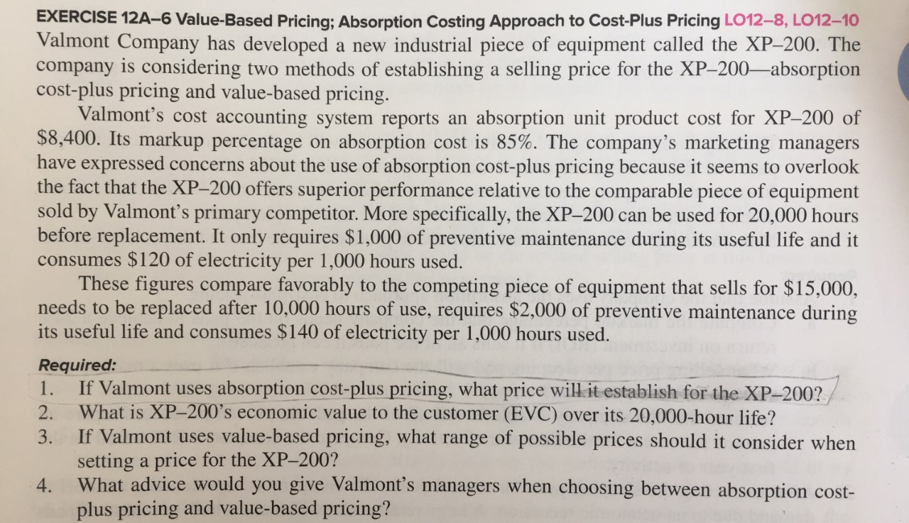 Solved EXERCISE 12A-6 Value-Based Pricing; Absorption | Chegg.com