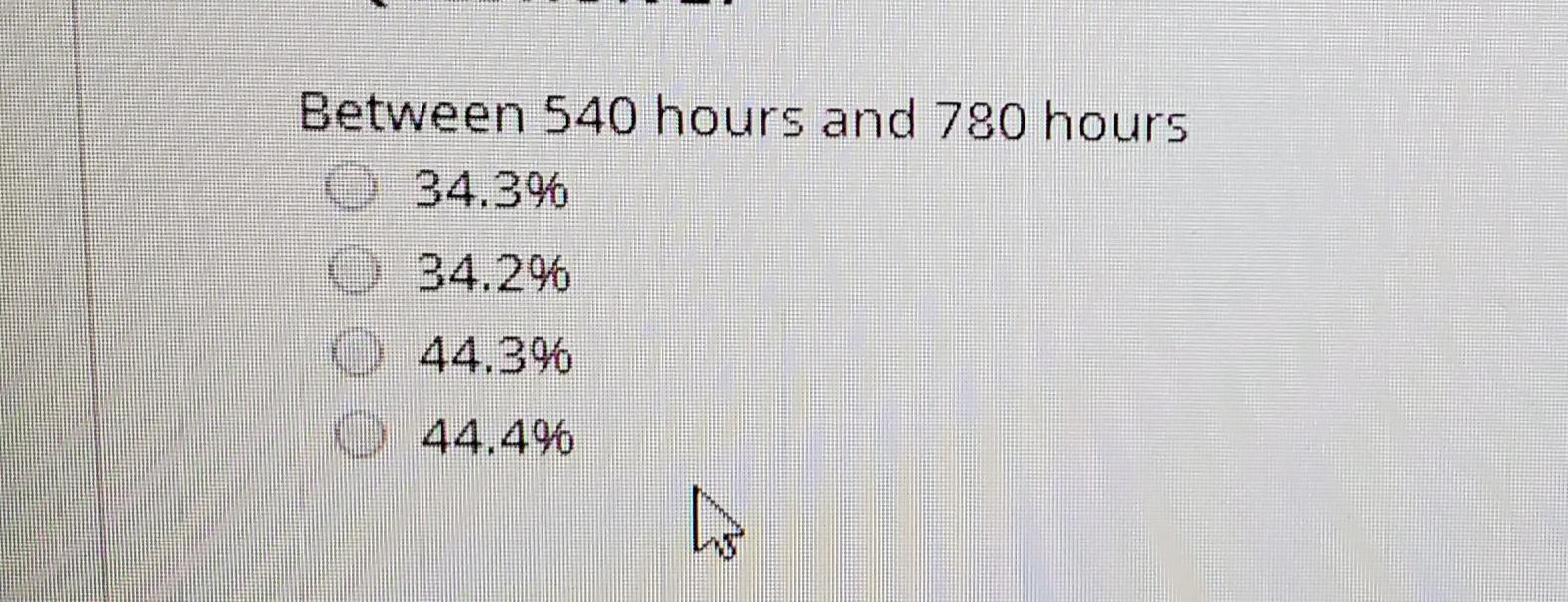 Solved Between 540 hours and 780 hours 34.39 34.296 044.3% | Chegg.com