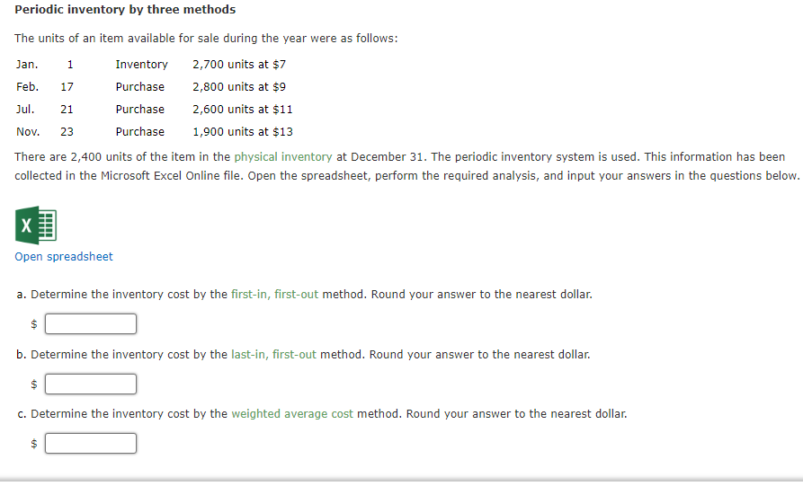 Solved Periodic inventory by three methods The units of an | Chegg.com