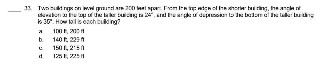 Solved 33. Two buildings on level ground are 200 feet apart. | Chegg.com