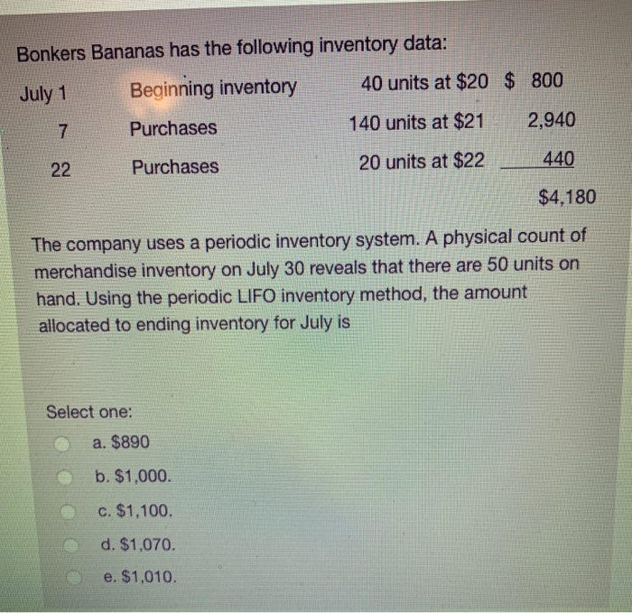 Solved Bonkers Bananas has the following inventory data: 40 | Chegg.com