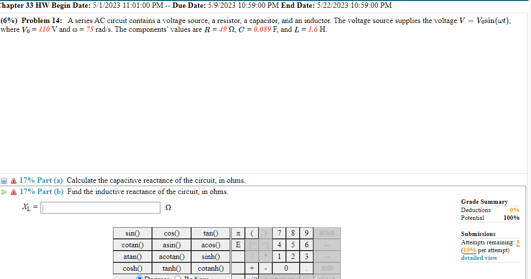 Solved 6\%) Problem 14: A series AC circuit contains a | Chegg.com