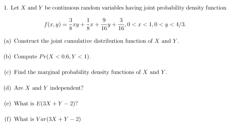 Solved 1. Let X and Y be continuous random variables having | Chegg.com
