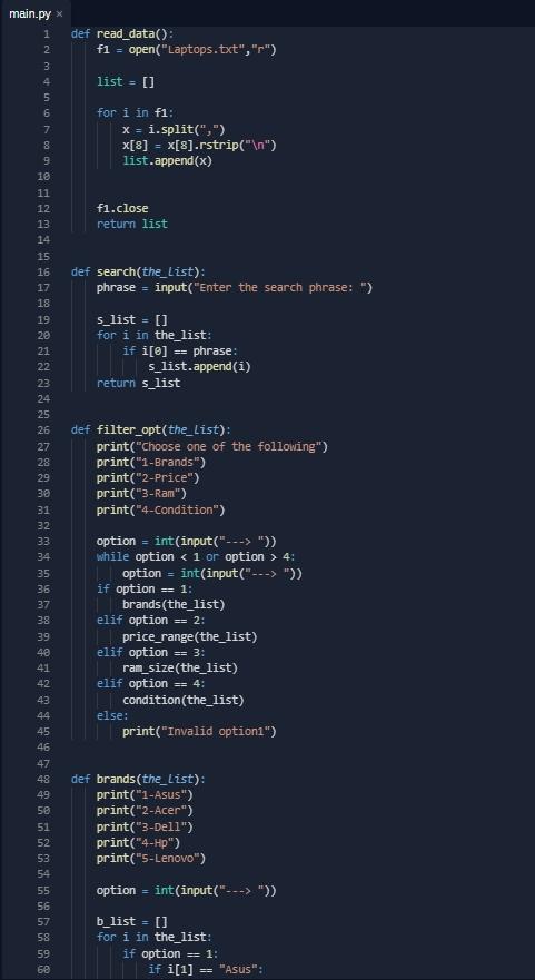 Solved main.py def read_data(): f1 = open("Laptops.txt","r") | Chegg.com
