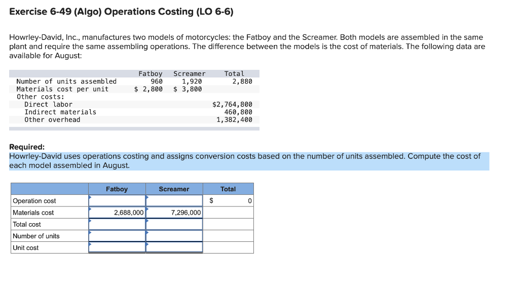 Solved Exercise 6-49 (Algo) Operations Costing (LO 6-6) | Chegg.com