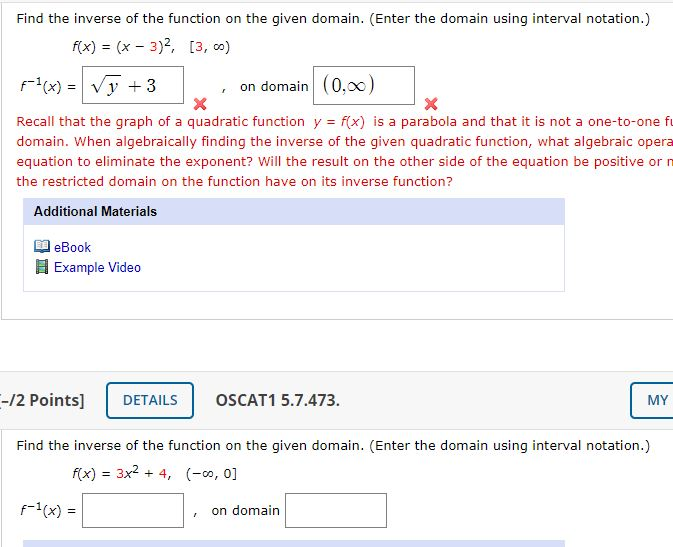Solved Find the inverse of the function on the given domain. | Chegg.com