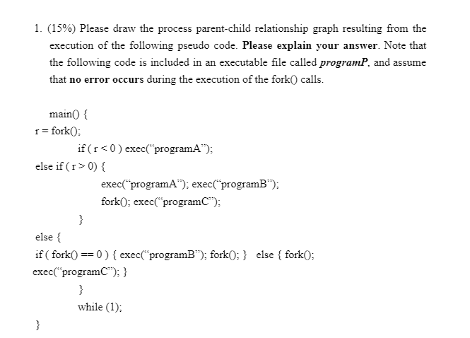 Solved 1. (15\%) Please draw the process parent-child | Chegg.com