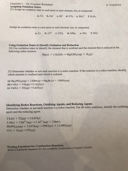 Solved Chemistry 1-Ch. 4 Lecture Worksheet Assigning | Chegg.com