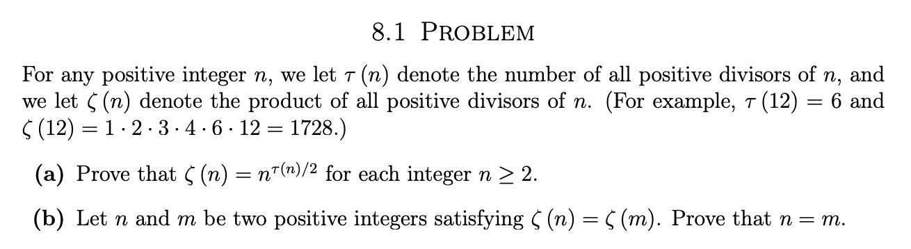 Solved 8.1 ﻿ProblemFor any positive integer n, ﻿we let τ(n) | Chegg.com