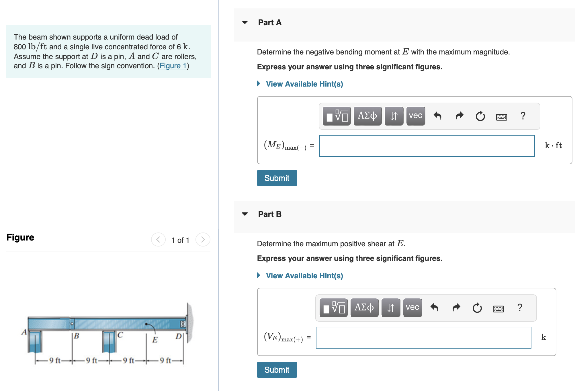Solved The beam shown supports a uniform dead load of800lbft | Chegg.com