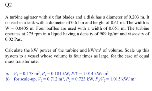 Solved 02 A turbine agitator with six flat blades and a disk | Chegg.com