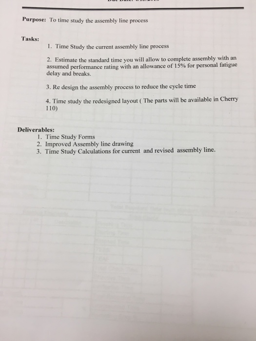 Purpose: To time study the assembly line process | Chegg.com