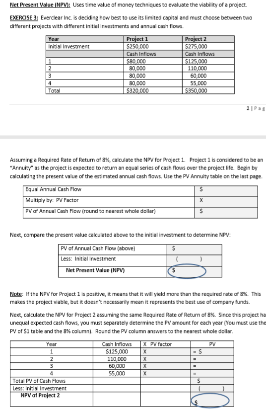 Solved c) Exercise 3: What is the Net Present Value for | Chegg.com