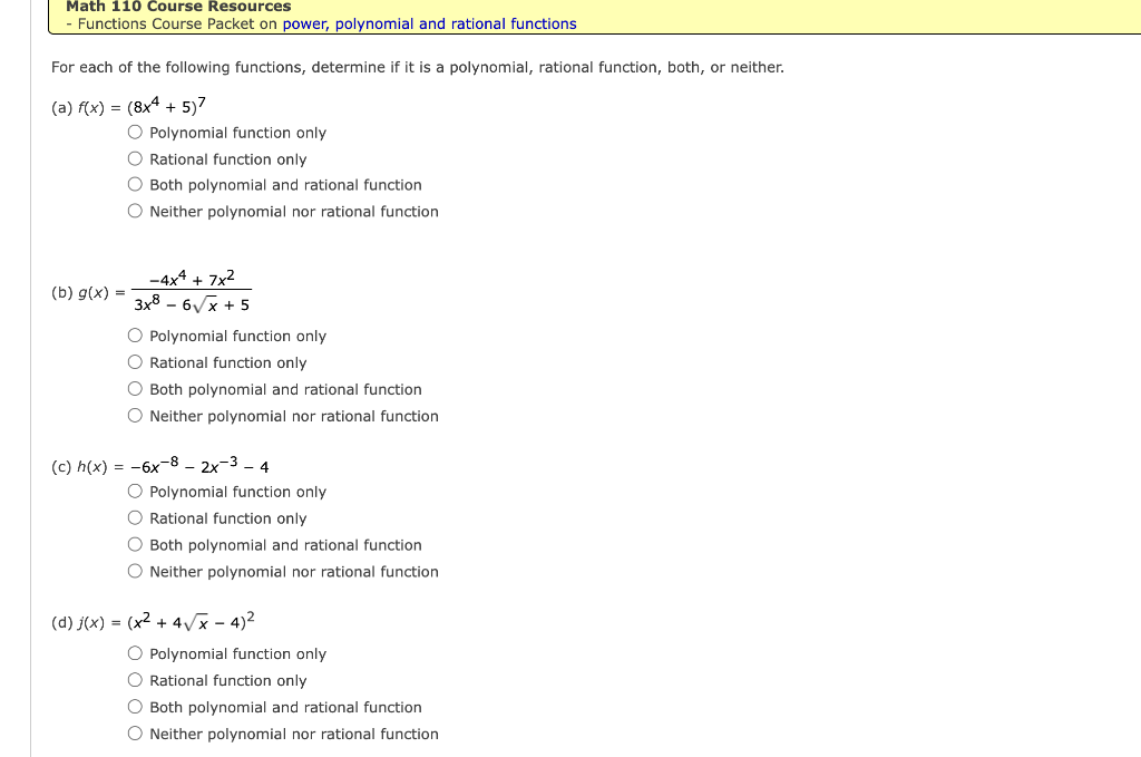 Solved Math 110 Course Resources Functions Course Packet on | Chegg.com