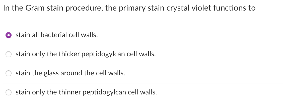 Solved In the Gram stain procedure, the primary stain | Chegg.com