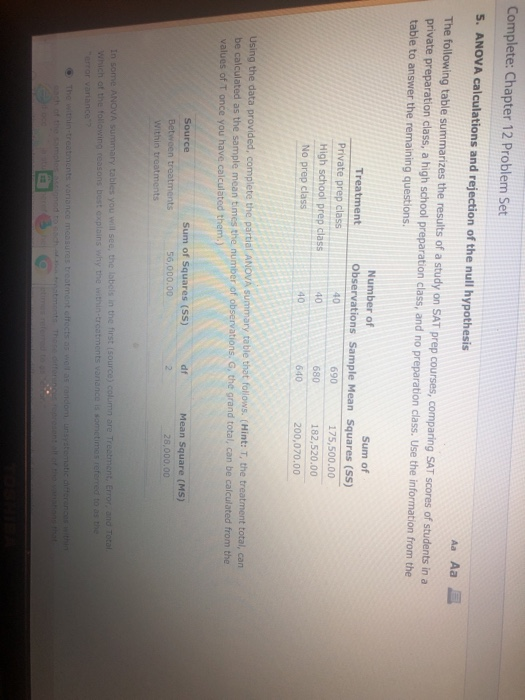 Solved Complete: Chapter 12 Problem Set 5. ANOVA | Chegg.com