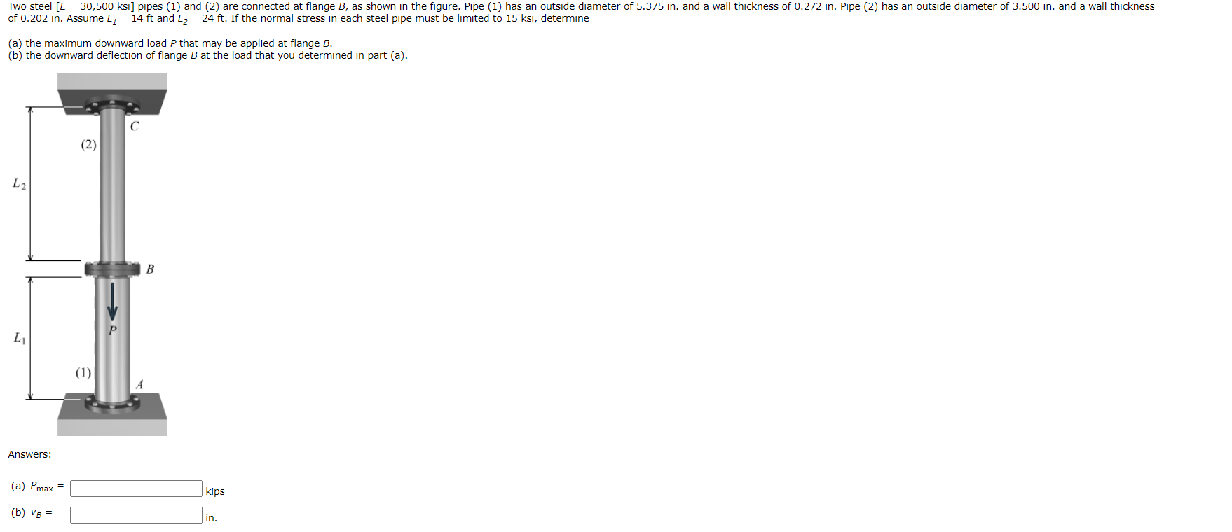 Solved Two steel [E = 30,500 ksi) pipes (1) and (2) are | Chegg.com