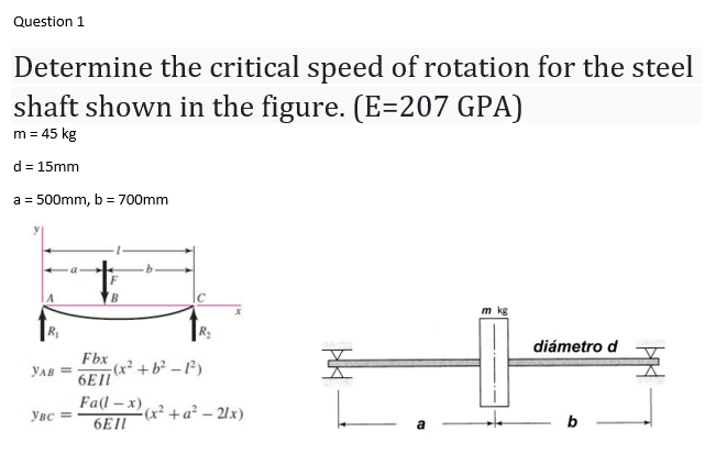 Solved Question 1 Determine the critical speed of rotation | Chegg.com