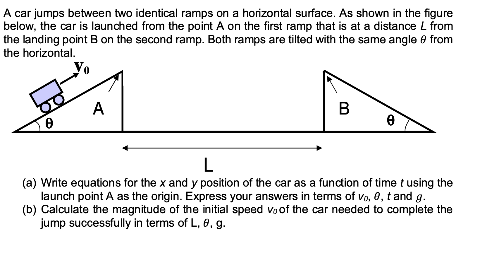 Solved A car jumps between two identical ramps on a | Chegg.com