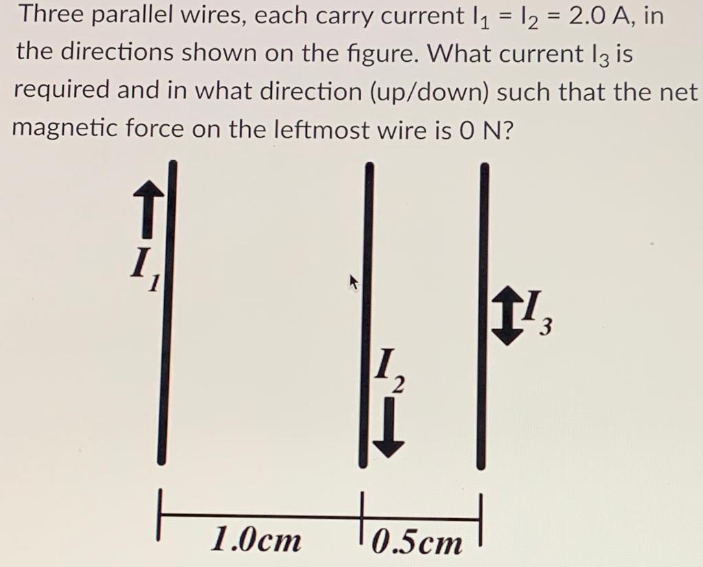 Solved Three parallel wires, each carry current l1 = 12 = | Chegg.com