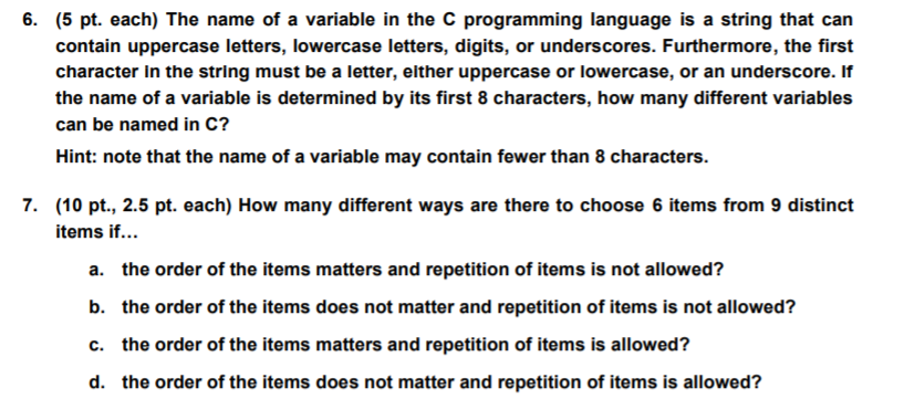 Solved 6. (5 pt. each) The name of a variable in the C | Chegg.com