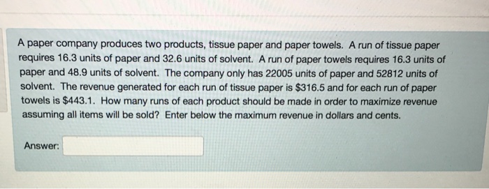 Solved A paper company produces two products, tissue paper | Chegg.com