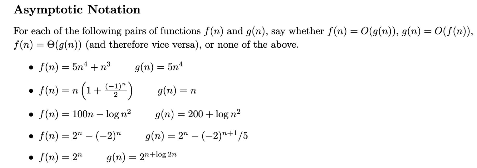 Solved Asymptotic Notation For each of the following pairs | Chegg.com