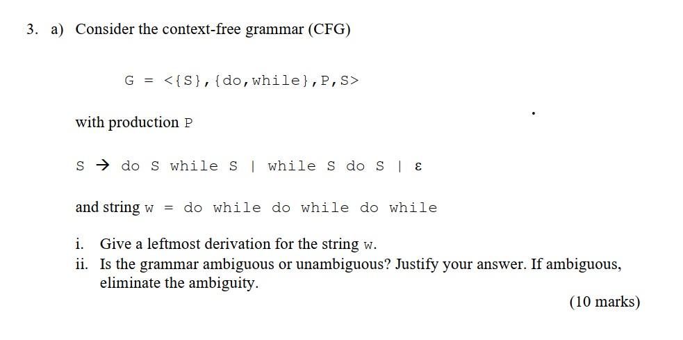 Solved 3. a) Consider the context-free grammar (CFG) | Chegg.com