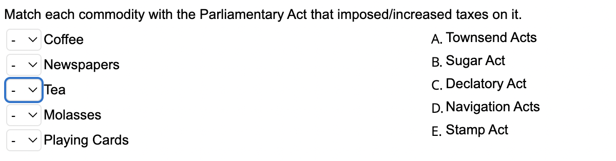 Match each commodity with the Parliamentary Act that | Chegg.com