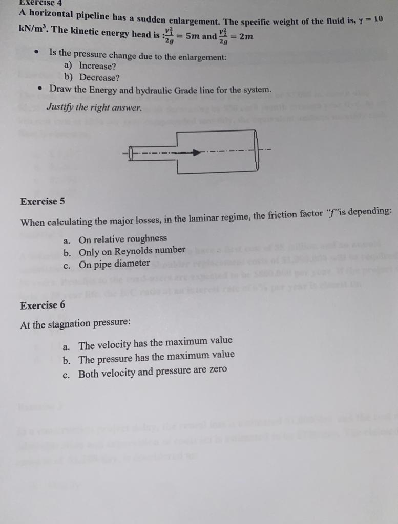 Solved Exercise 4 A horizontal pipeline has a sudden | Chegg.com