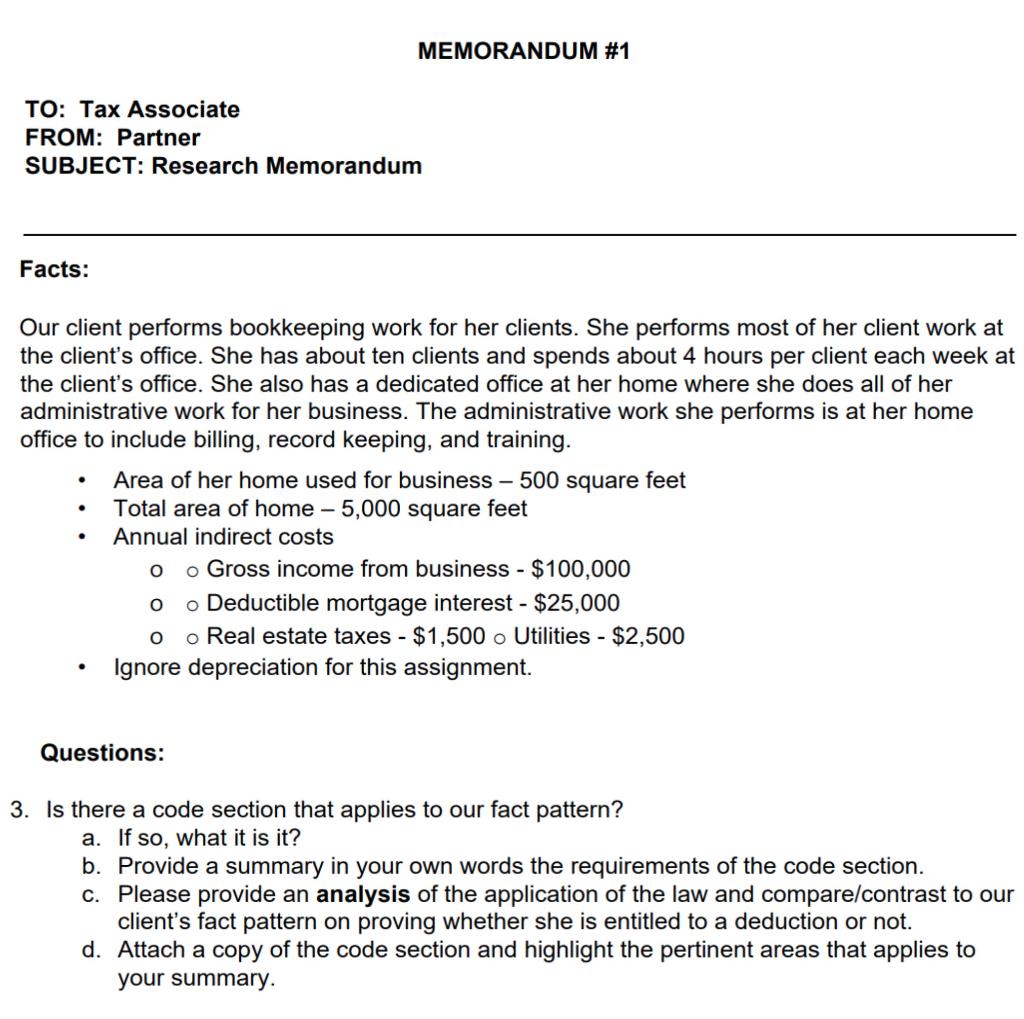 Solved MEMORANDUM #1 TO: Tax Associate FROM: Partner | Chegg.com