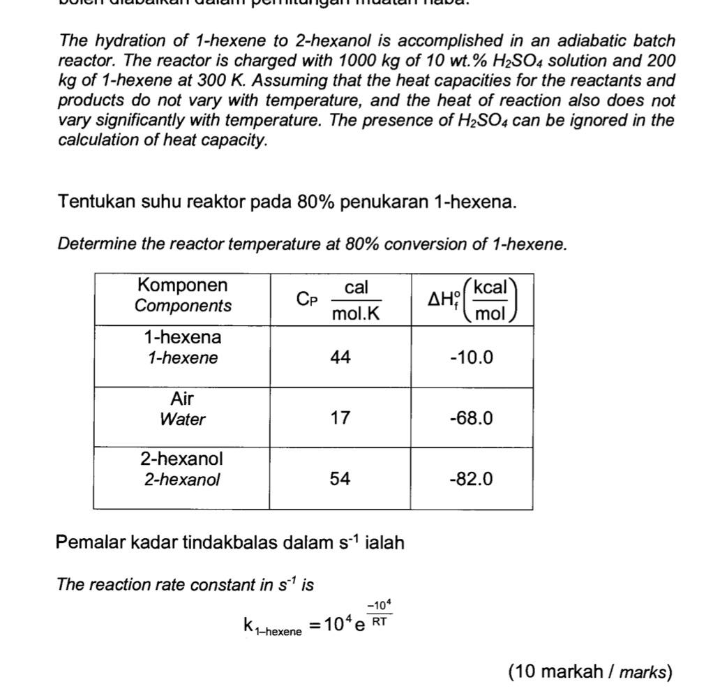 Solved The hydration of 1-hexene to 2-hexanol is | Chegg.com