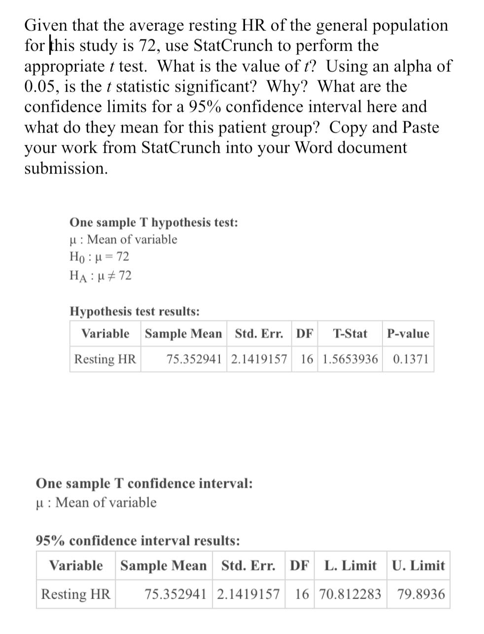 Solved 1. What is the value of t? 2. Using an alpha of | Chegg.com