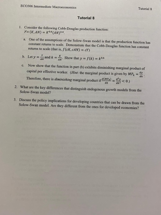 Solved Tutorial 8 ECO306 Intermediate Macroeconomics | Chegg.com