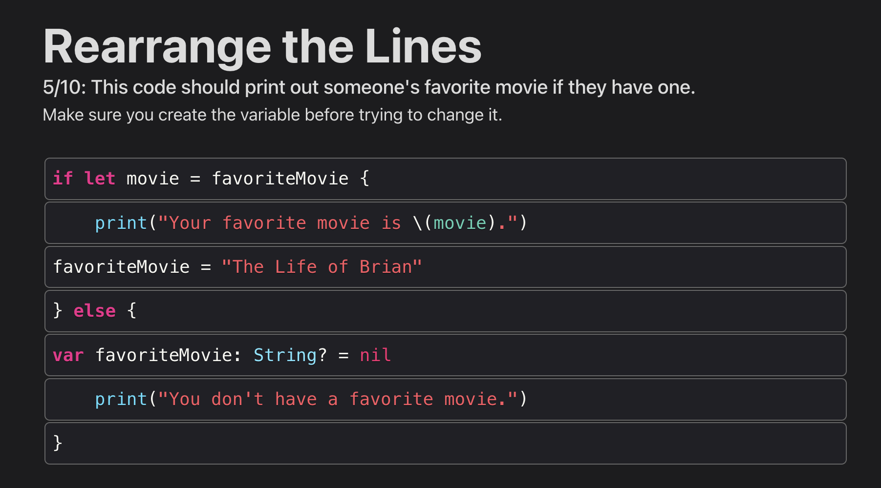 Solved Rearrange the Lines 5/10: This code should print out | Chegg.com