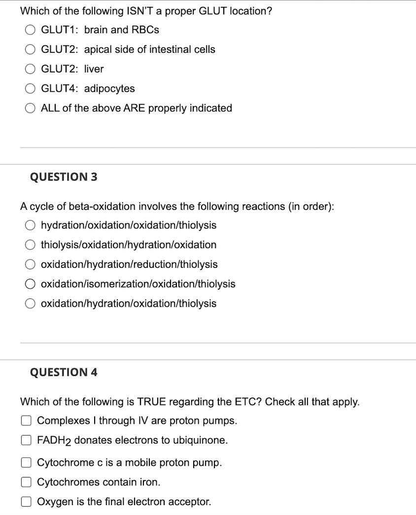 Solved Which of the following ISN'T a proper GLUT location? | Chegg.com