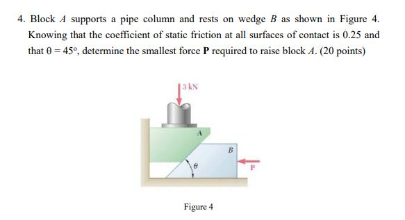 Solved 4. Block A supports a pipe column and rests on wedge | Chegg.com