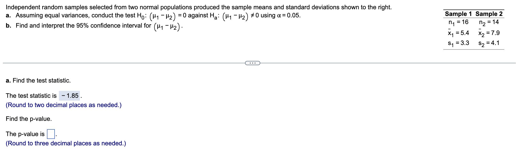 Solved Independent random samples selected from two normal | Chegg.com