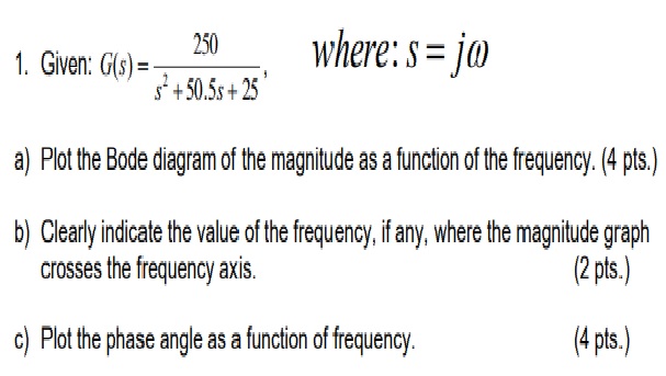 Solved 1. Given: G(s)=s2+50.5s+25250, where: s=j(1) a) Plot | Chegg.com