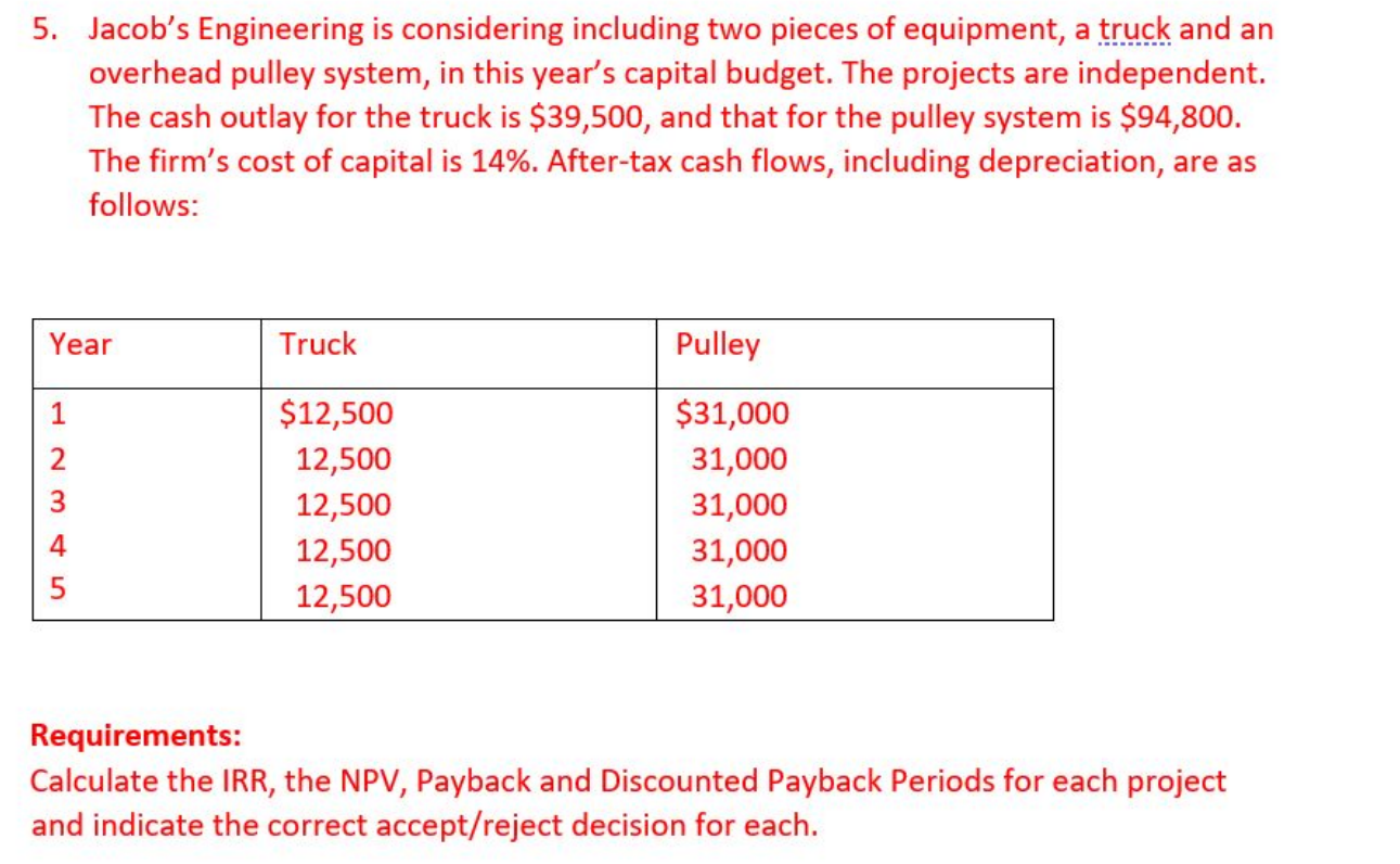Solved 5. Jacob's Engineering is considering including two | Chegg.com