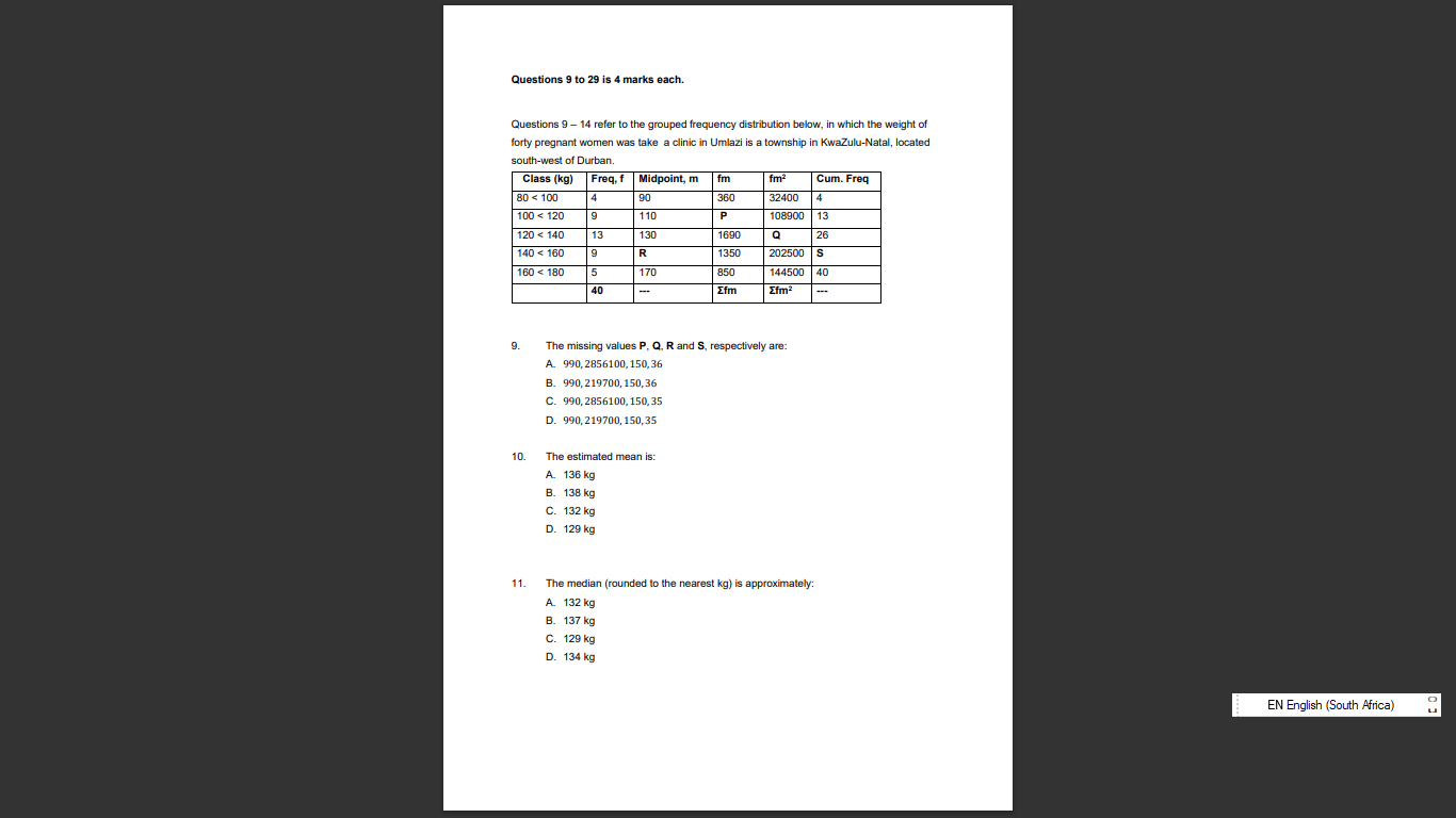 Solved Questions 9 - 14 refer to the grouped frequency | Chegg.com