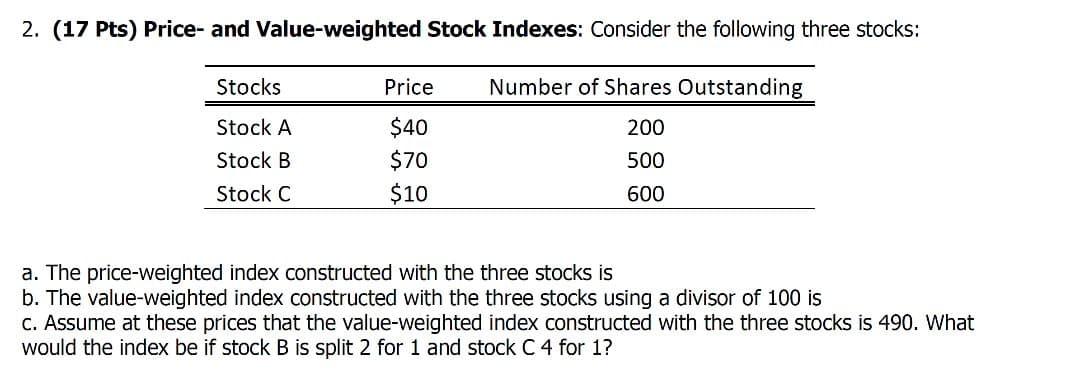 Solved 2. (17 Pts) Price- and Value-weighted Stock Indexes: | Chegg.com