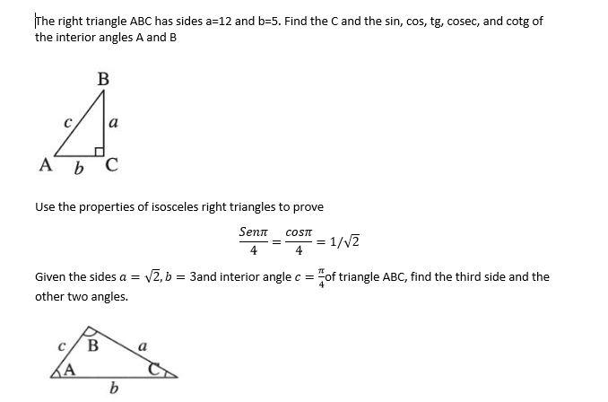 Solved The right triangle ABC has sides a=12 and b=5. Find | Chegg.com