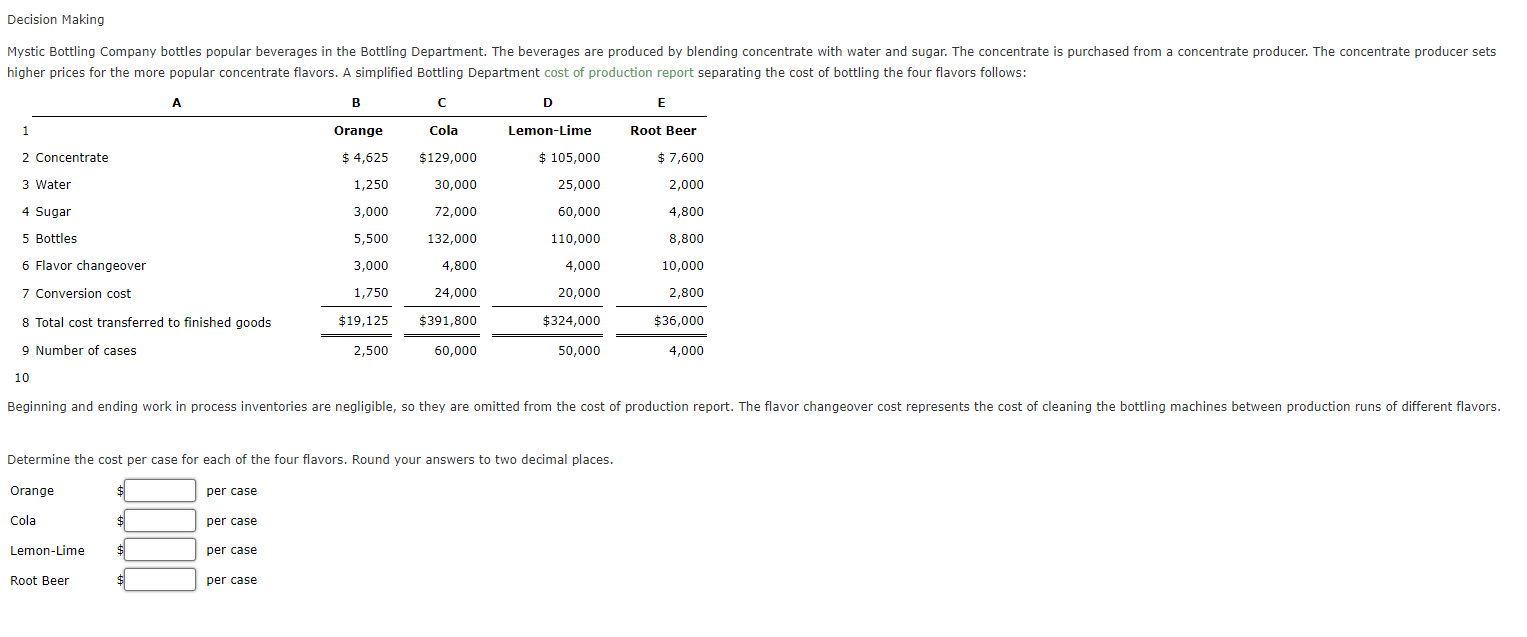 Solved Decision Making Determine the cost per case for each | Chegg.com