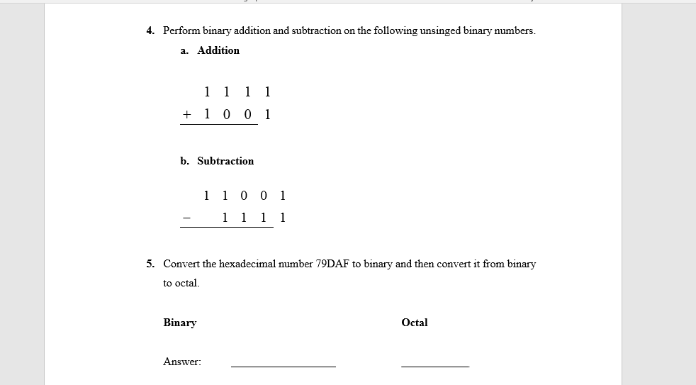 Solved 4. Perform binary addition and subtraction on the | Chegg.com