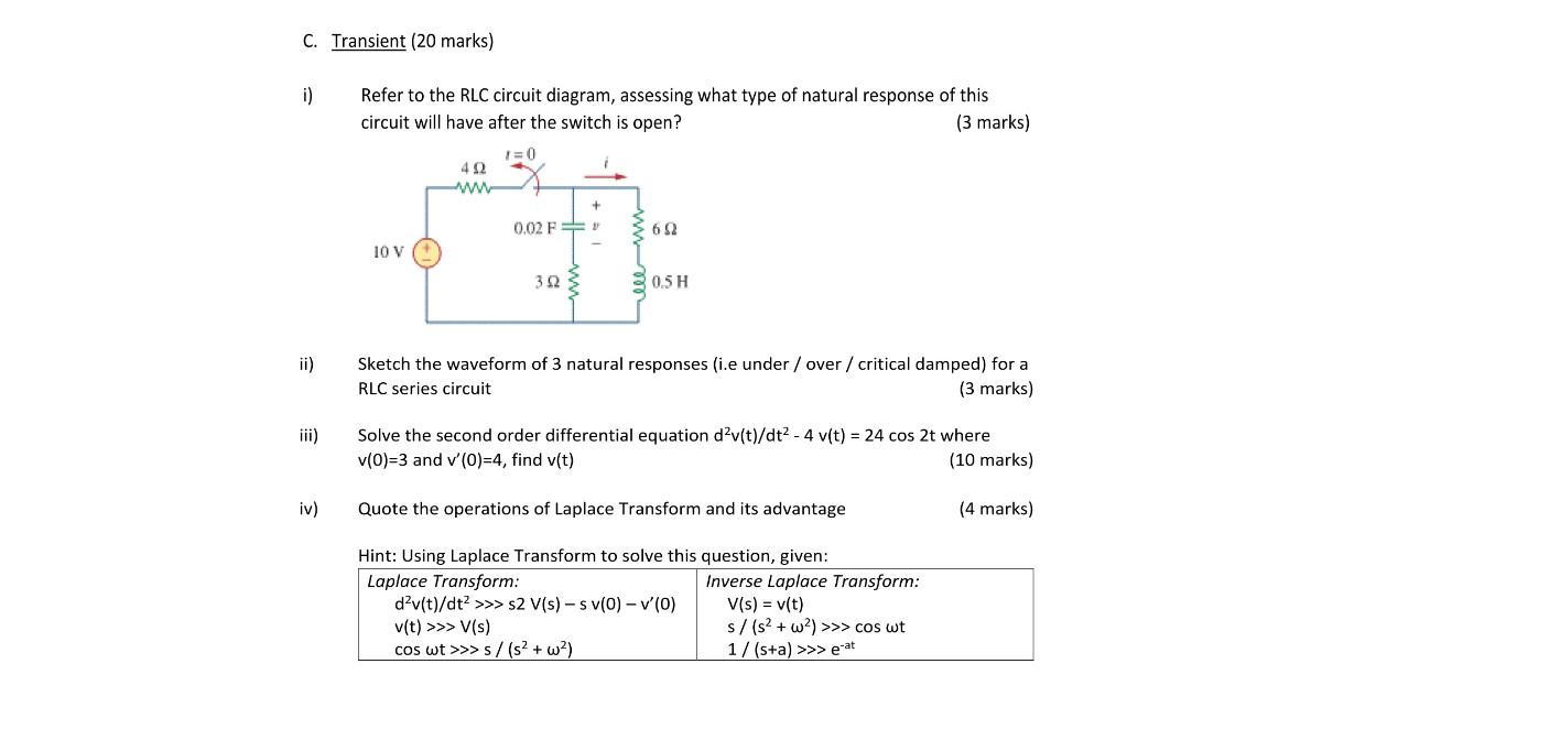 Solved C. Transient (20 marks) i) Refer to the RLC circuit | Chegg.com