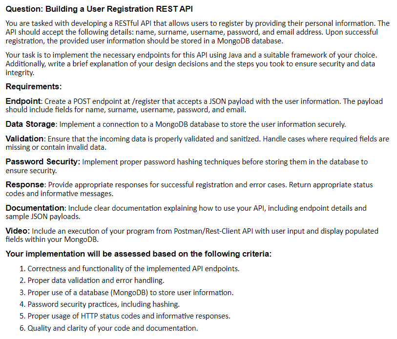 Solved Question: Building a User Registration REST API You | Chegg.com