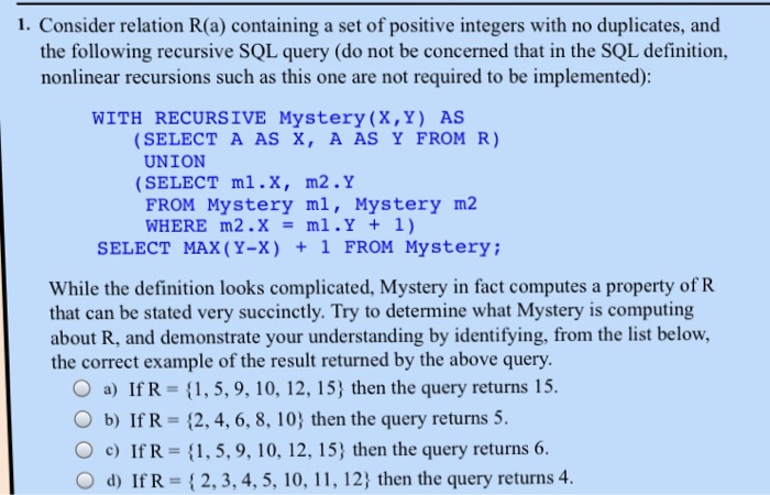 Solved 1. Consider relation R(a) containing a set of | Chegg.com