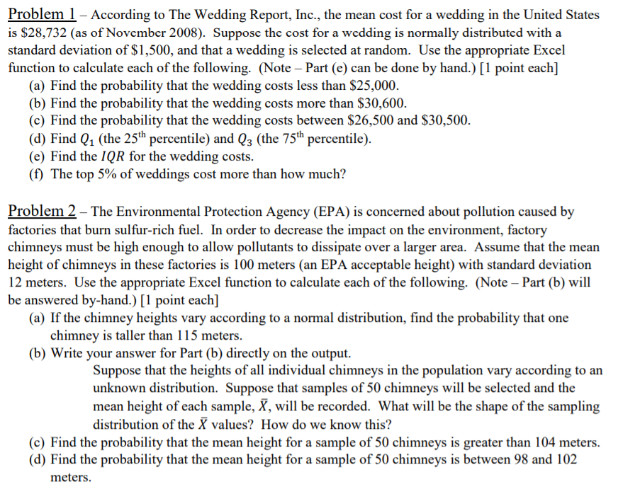 Solved Excel functions - calculating probabilities and | Chegg.com