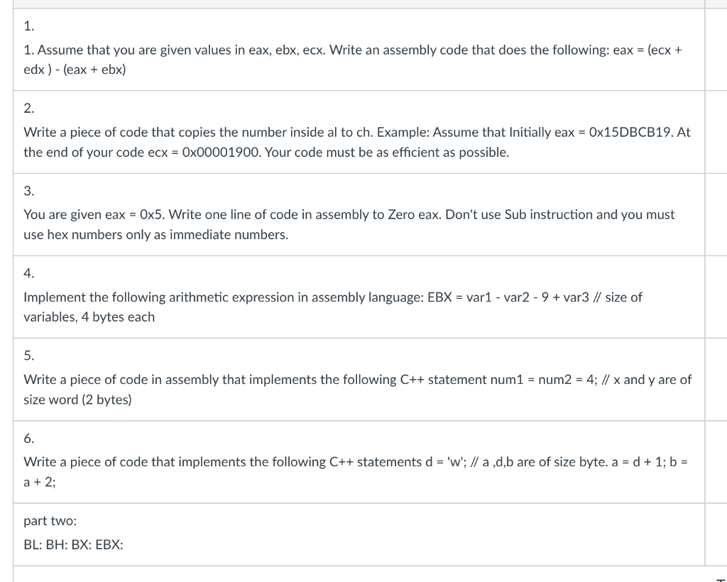 Solved 1. 1. Assume that you are given values in eax, ebx, | Chegg.com
